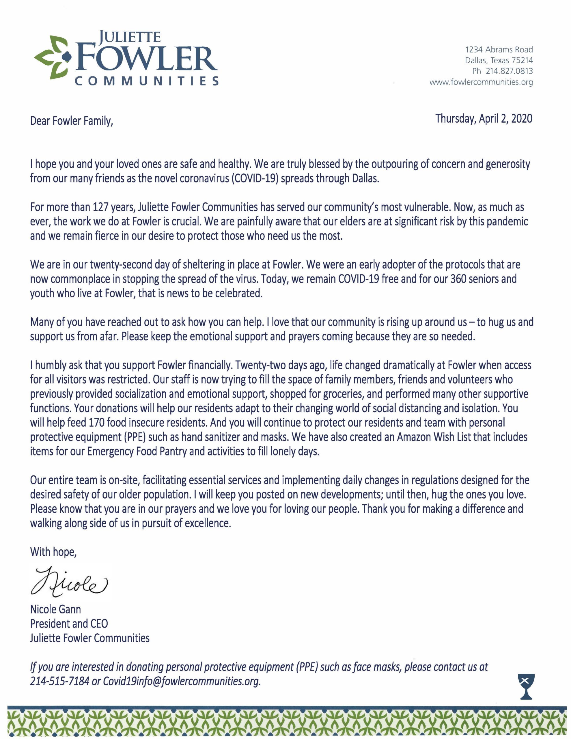 A Message From Nicole - Juliette Fowler Communities